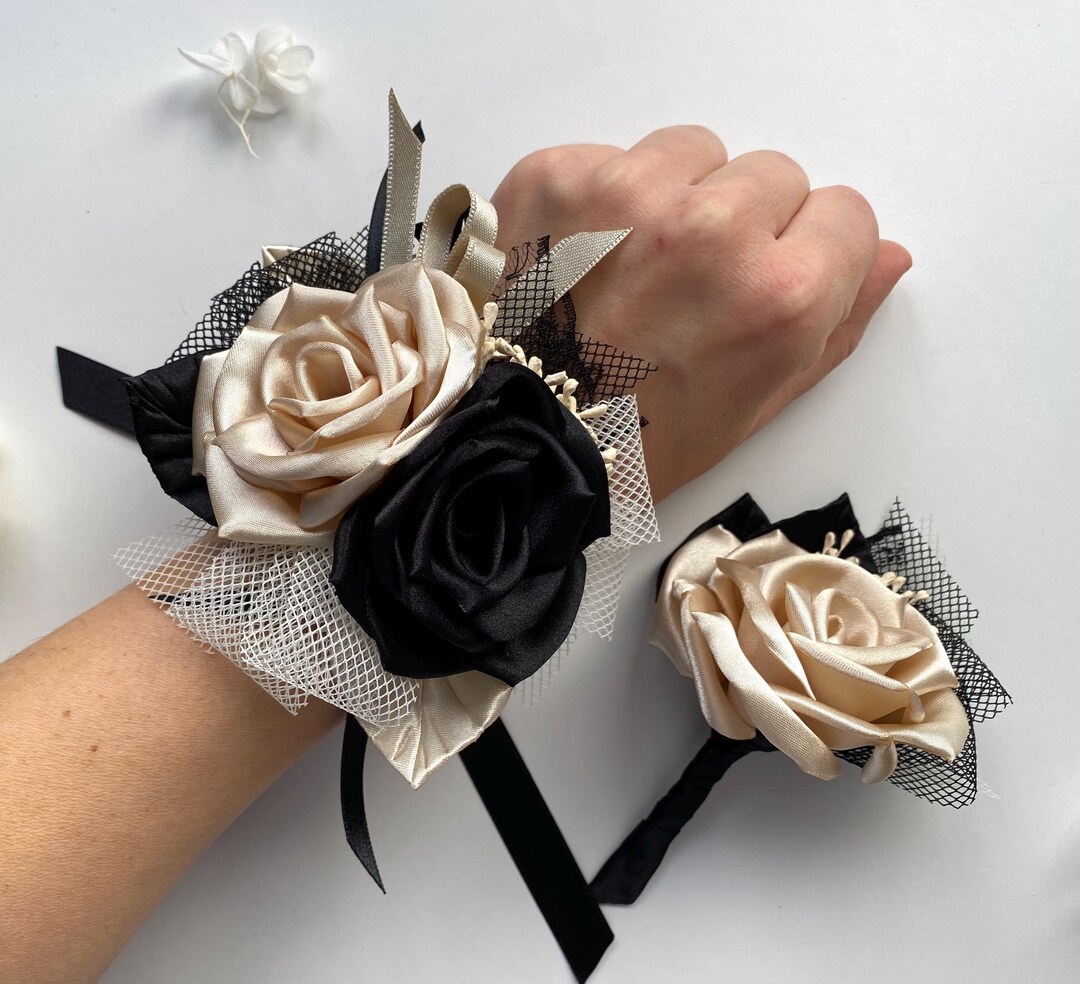 Black Champagne Flower Wrist Corsage or Boutonniere Wedding Bridesmaid ...