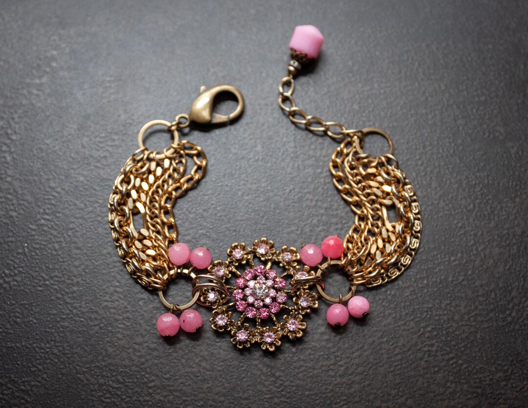 Pink Rhinestone Rosette Bracelet: Vintage Gold Chain, Mid Century Jade ...