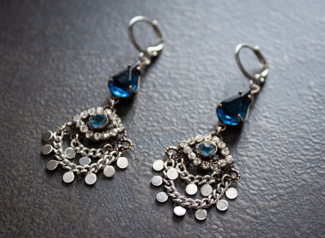 Sapphire Blue Rhinestone Evil Eye Chandelier Earrings Silver Coin Chain ...