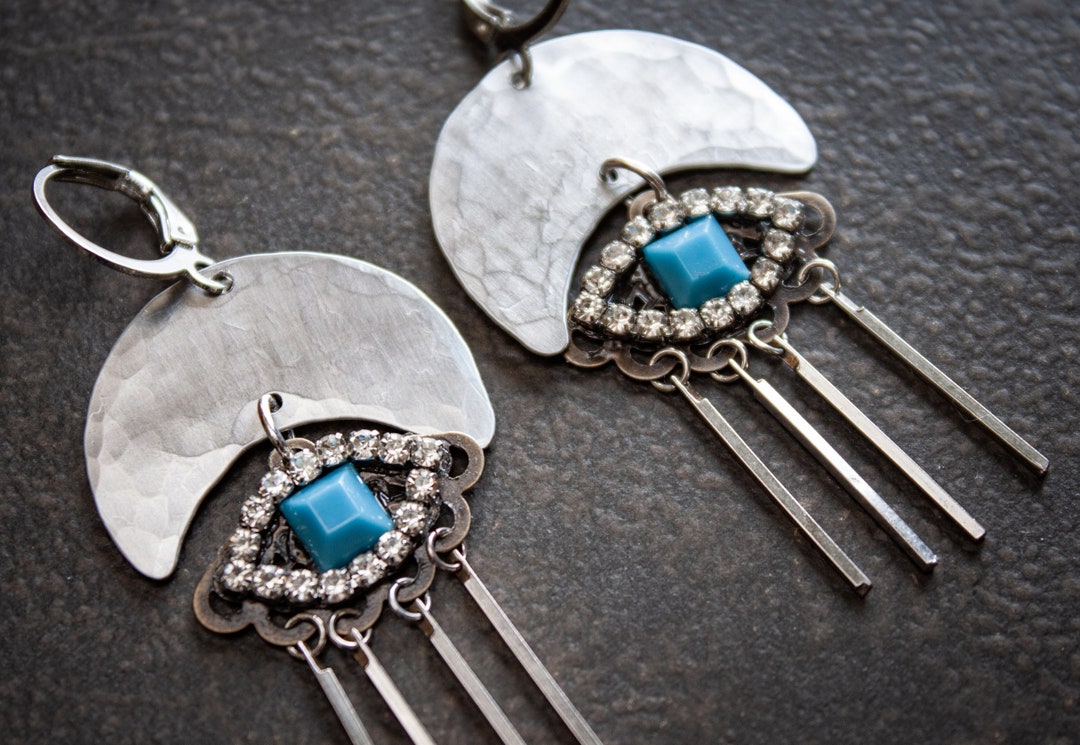 Turquoise Rhinestone Evil Eye Chandelier Earrings Silver Bar Dangles ...