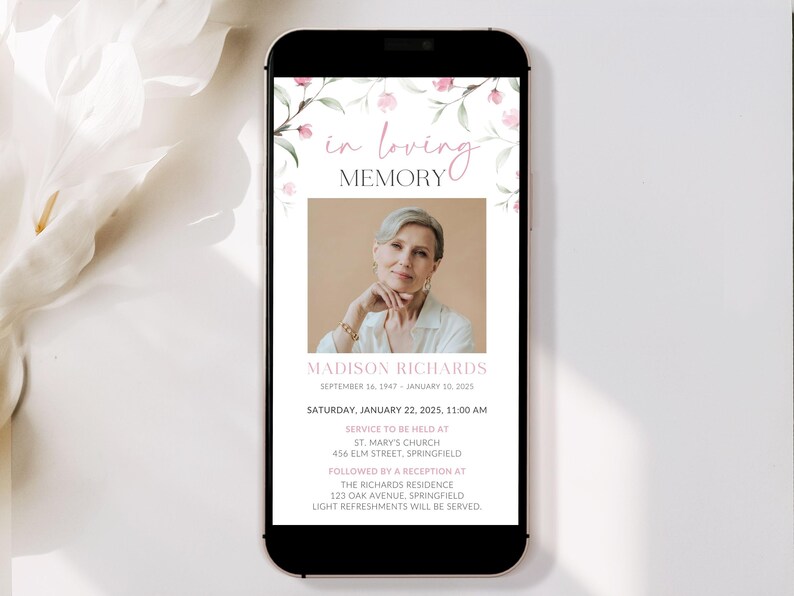 In Loving Memory Digital Invitation Template, Pink Floral Funeral Text ...
