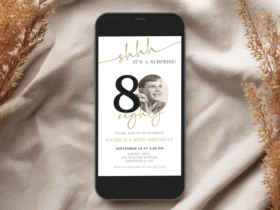 Surprise 80th Birthday Electronic Invite for Men, Shhh It's a Surprise ...