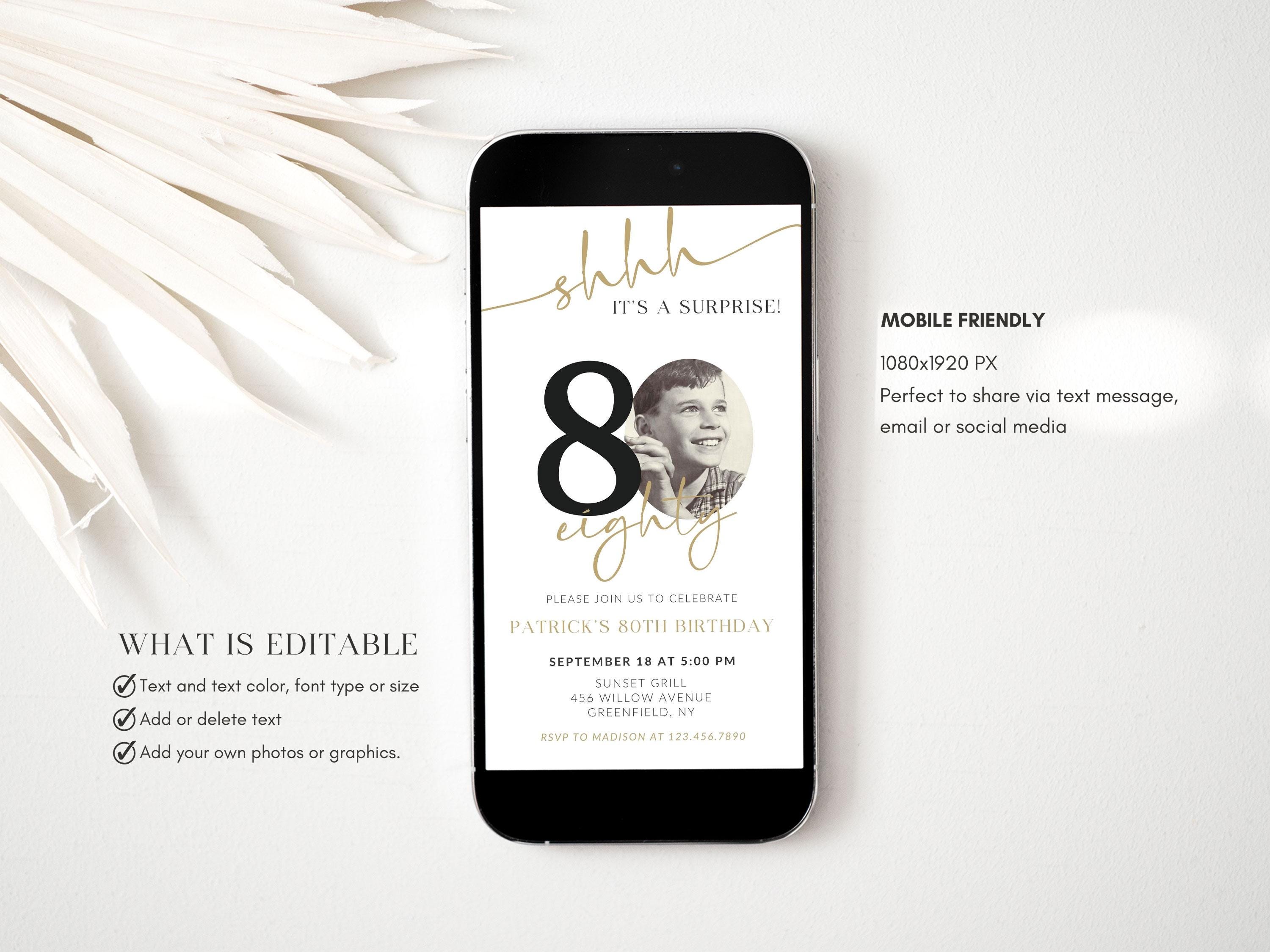 Surprise 80th Birthday Electronic Invite for Men, Shhh It's a Surprise ...