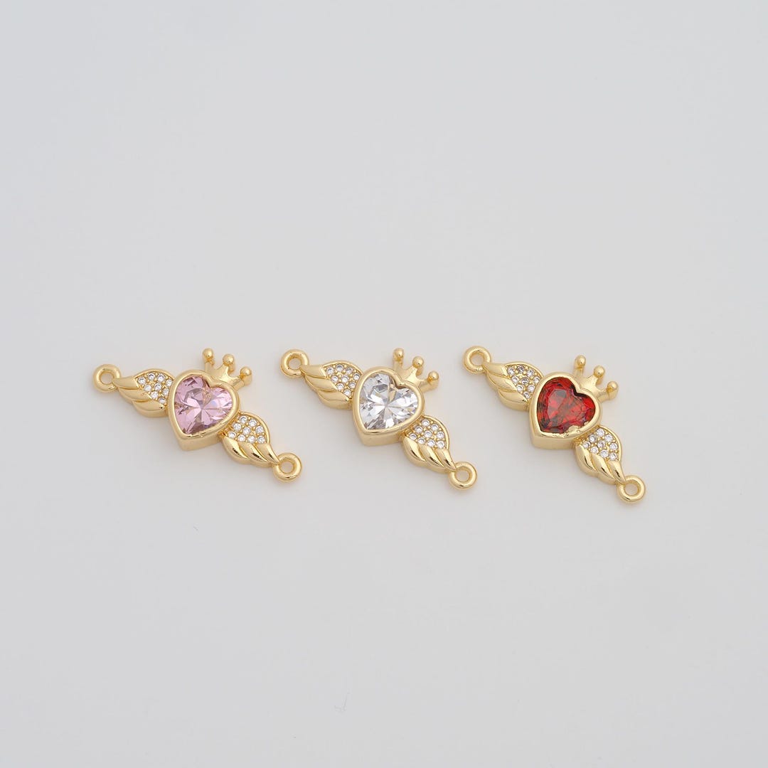 18K Gold Filled Heart Crown Connectors Dainty CZ Angel Wings Connectors ...