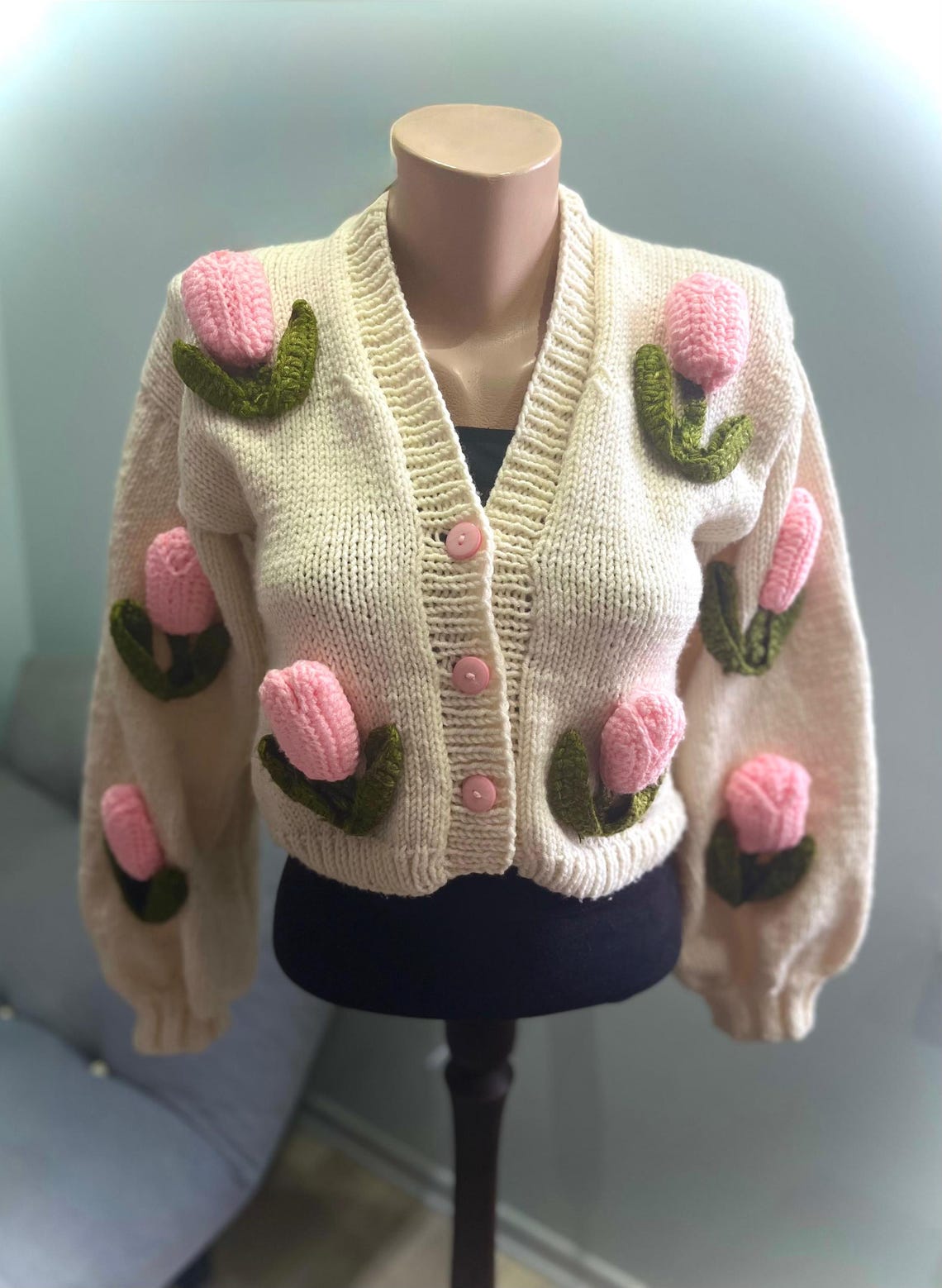 Handmade Tulip Knit Cardigan – 3D Floral Cream Sweater – Chunky Knit ...