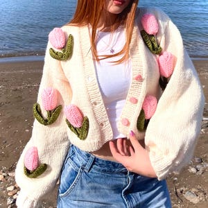 Handmade Tulip Knit Cardigan – 3D Floral Cream Sweater – Chunky Knit ...