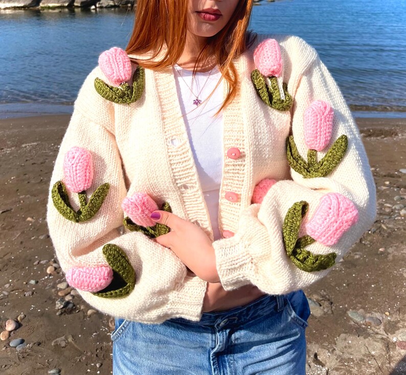 Handmade Tulip Knit Cardigan – 3D Floral Cream Sweater – Chunky Knit ...