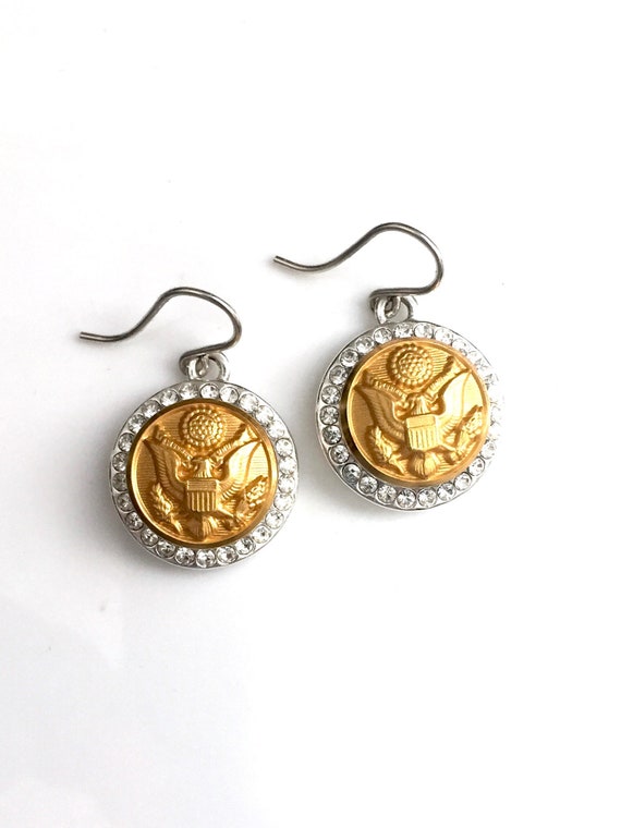 Military Button Earrings Small Rhinestone Earring Army | Etsy