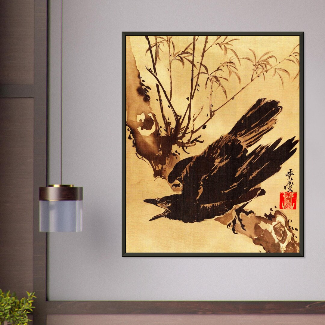 Restored Vintage Japanese Crow Print Edo Period Bird Painting Antique ...