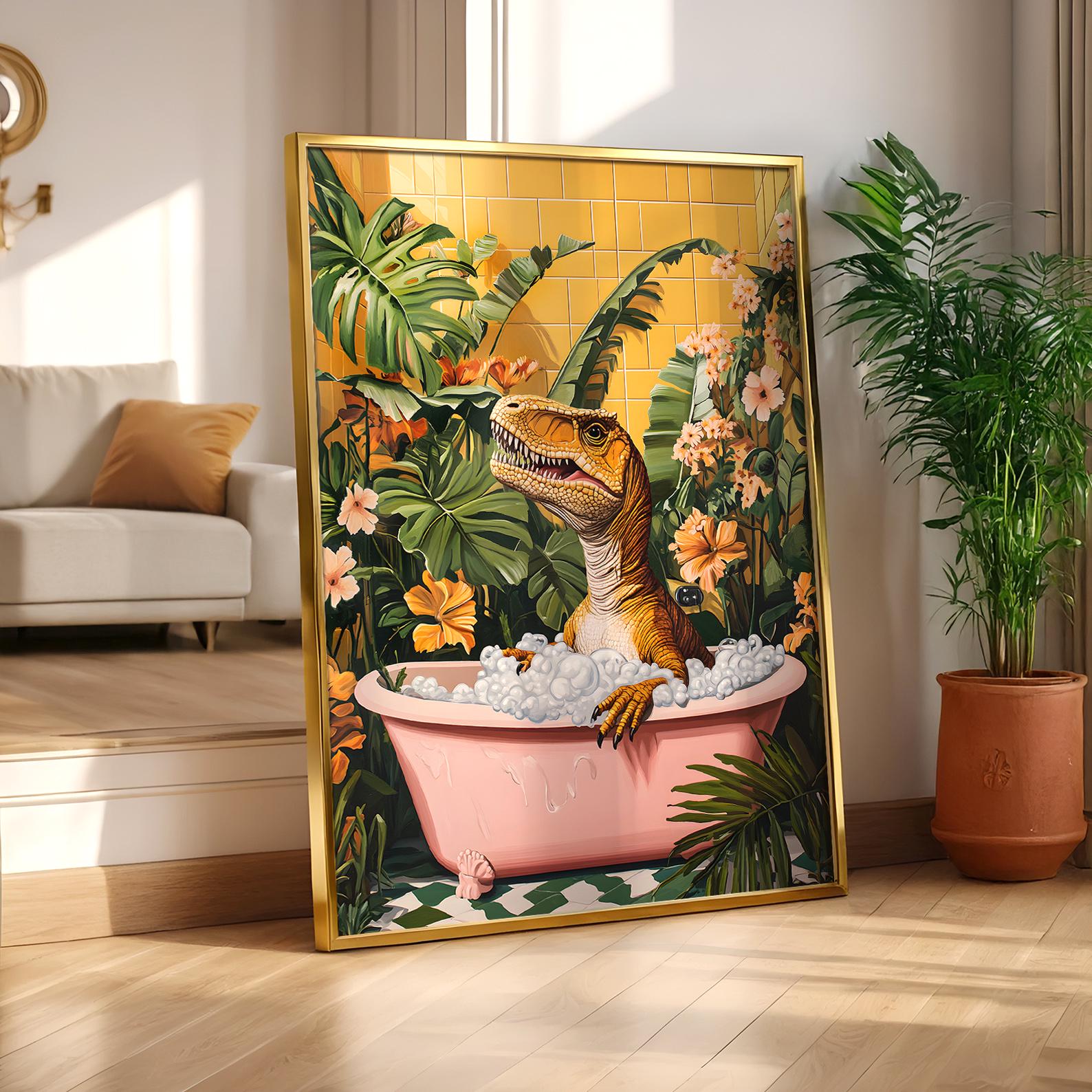 Wall Art, Golden T-rex Bath Bathroom Print, Dopamine Decor, Dinosaur in ...