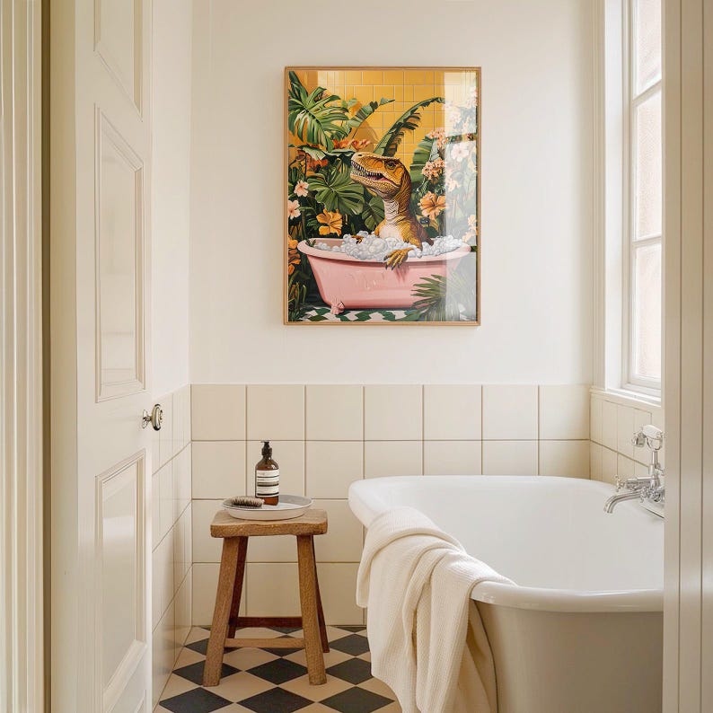 Wall Art, Golden T-rex Bath Bathroom Print, Dopamine Decor, Dinosaur in ...