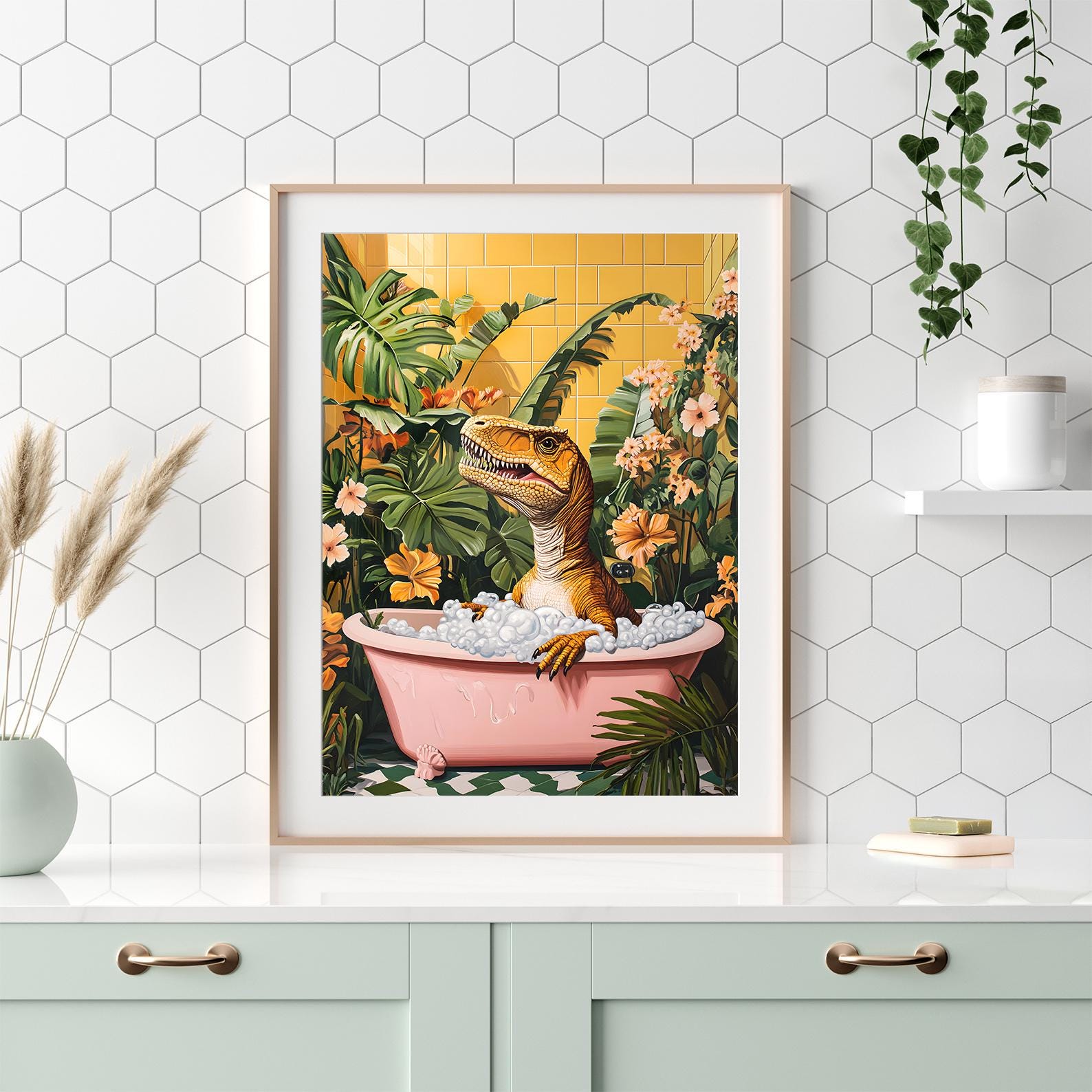 Wall Art, Golden T-rex Bath Bathroom Print, Dopamine Decor, Dinosaur in ...