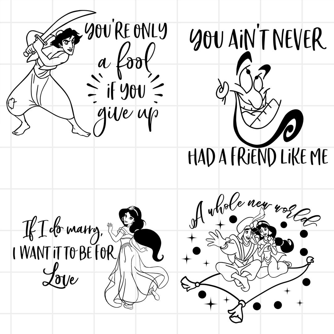 Princess Jasmine and Aladdin Outline PNG - Disney Aladdin Princess ...