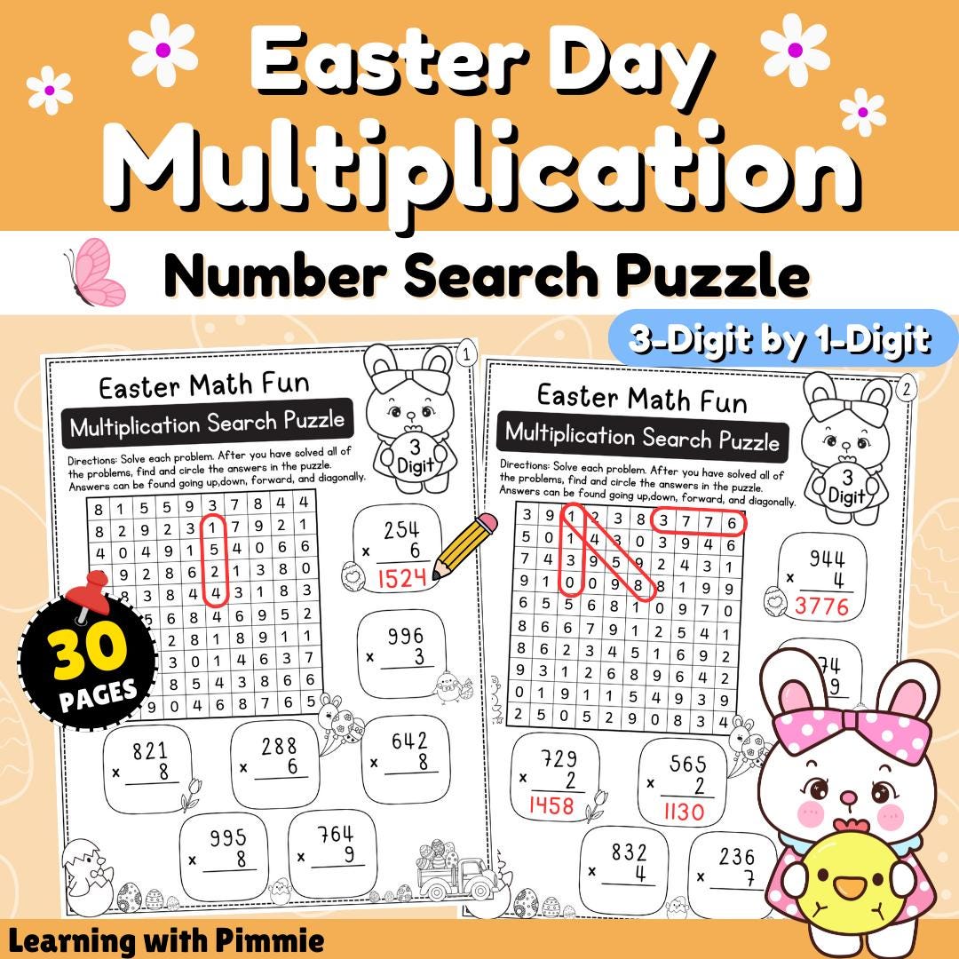 Easter Day 3-digit by 1-digit Multiplication Worksheet Number Search ...