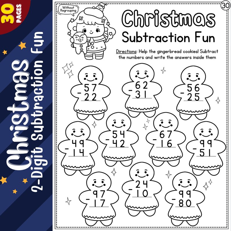 Christmas 2-digit Subtraction Worksheets | No Regrouping Math for 1st ...