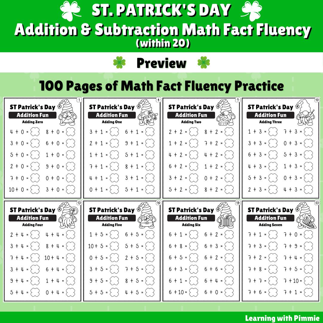 St. Patrick's Day Addition & Subtraction Worksheets Math Fact Fluency ...