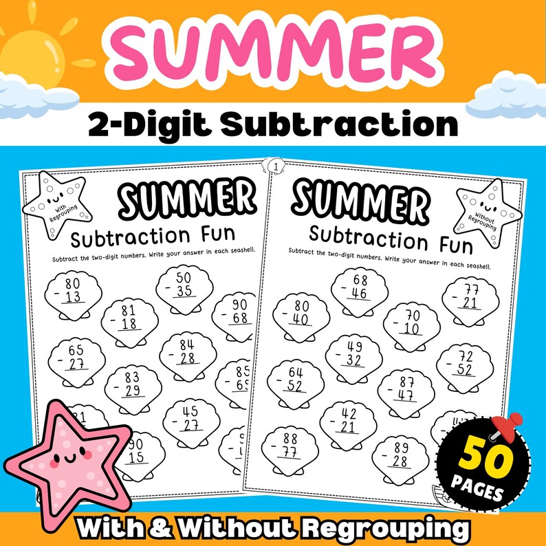 Summer 2-digit Subtraction Worksheets | With & Without Regrouping ...