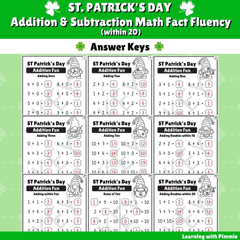 St. Patrick's Day Addition & Subtraction Worksheets Math Fact Fluency ...