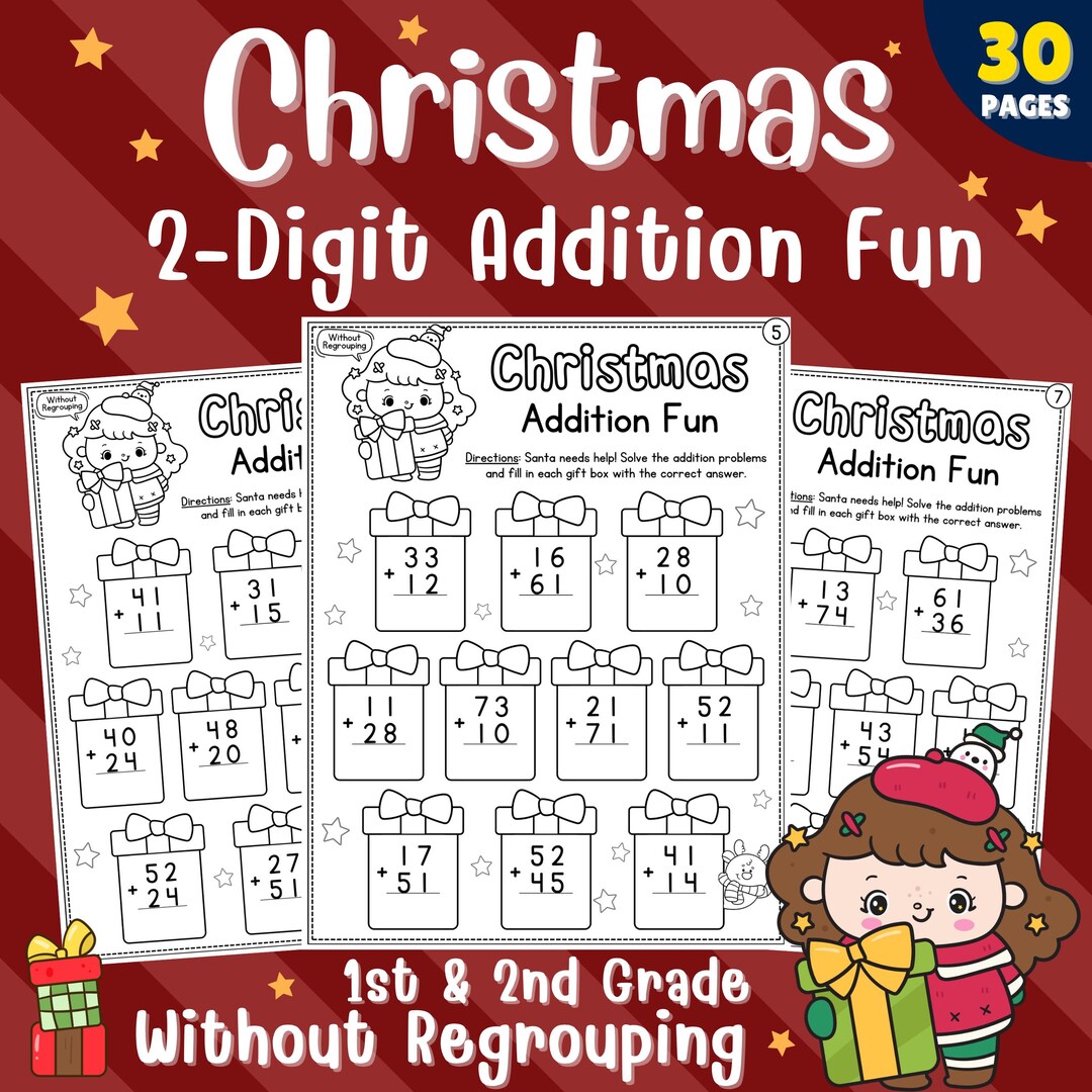Christmas 2-digit Addition Worksheets | No Regrouping Math for 1st ...