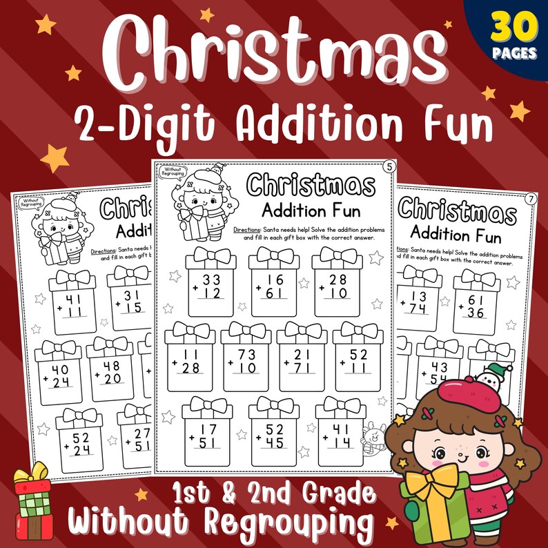 Christmas 2-digit Addition Worksheets | No Regrouping Math for 1st ...