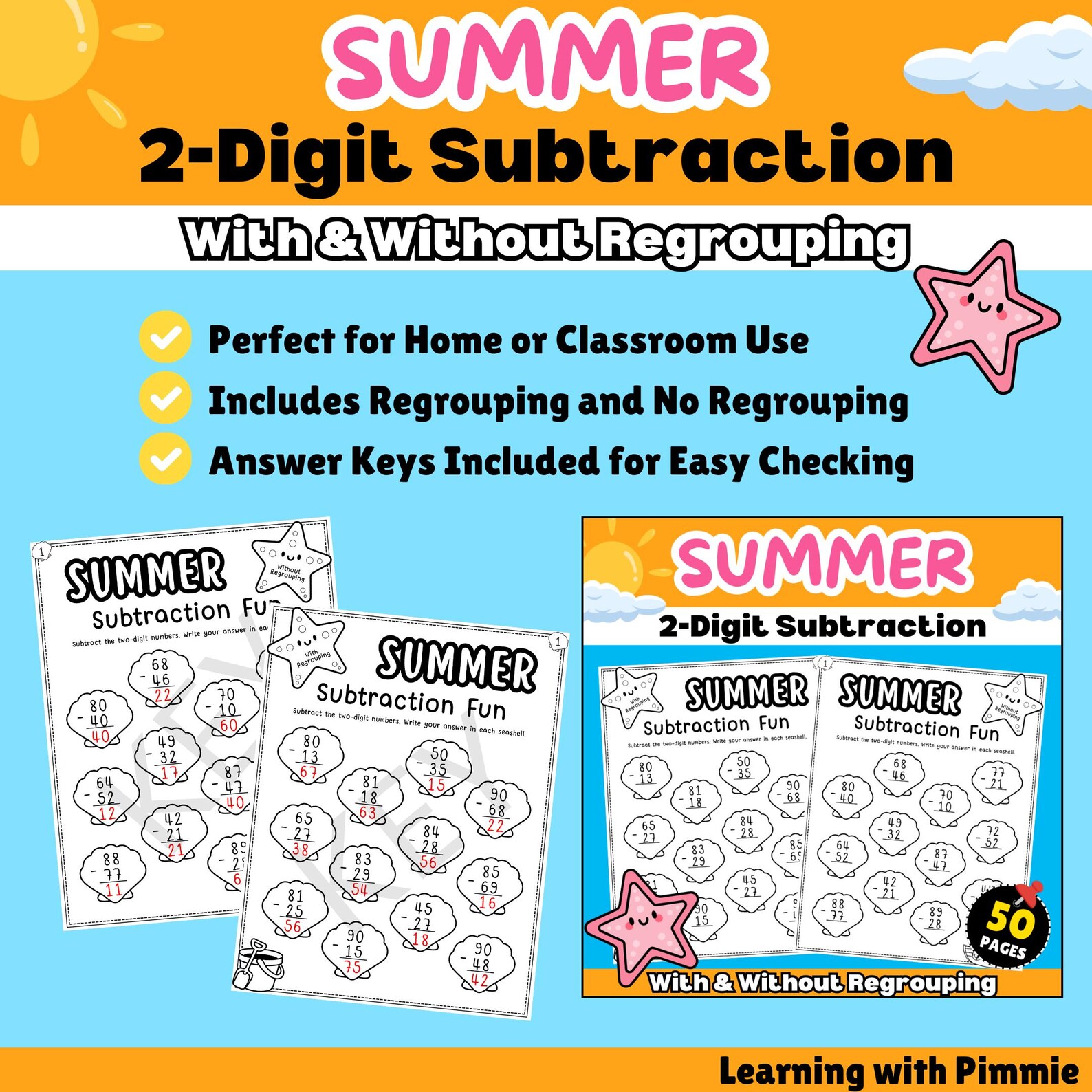 Summer 2-digit Subtraction Worksheets | With & Without Regrouping ...