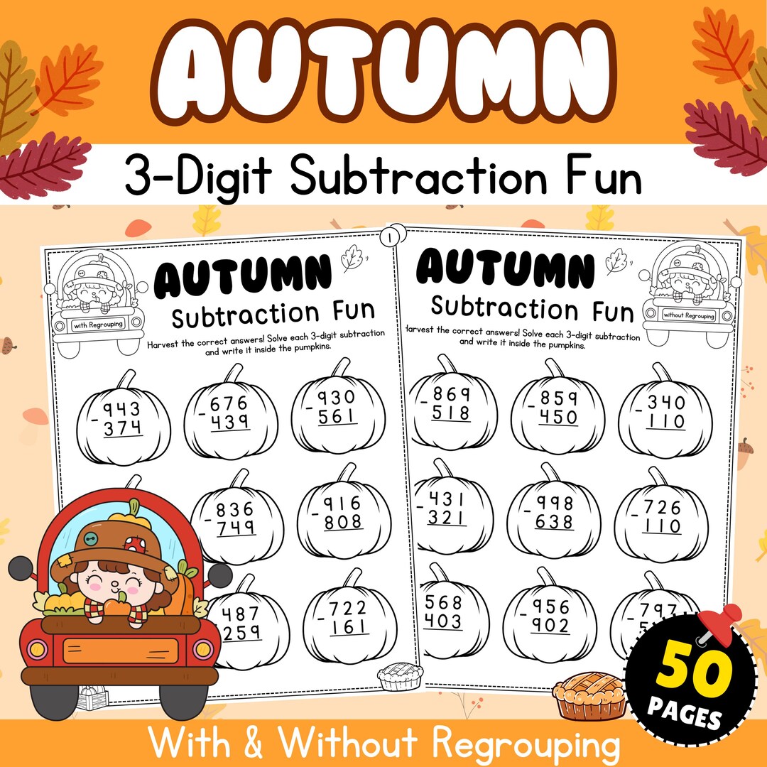 Fall 3-digit Subtraction Worksheets | 2nd & 3rd Grade (printable PDF ...