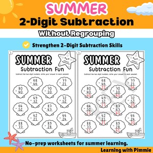 Summer 2-digit Subtraction Worksheets | With & Without Regrouping ...