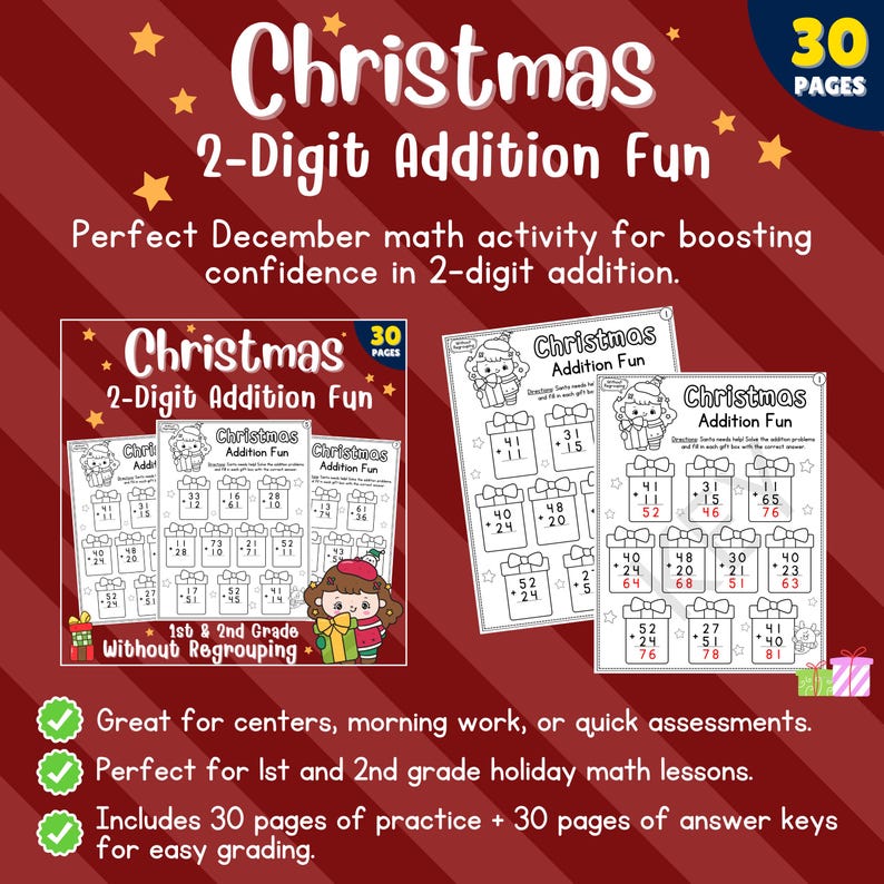 Christmas 2-digit Addition Worksheets | No Regrouping Math for 1st ...