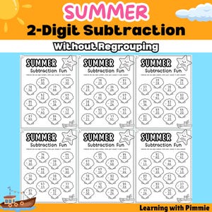 Summer 2-digit Subtraction Worksheets | With & Without Regrouping ...