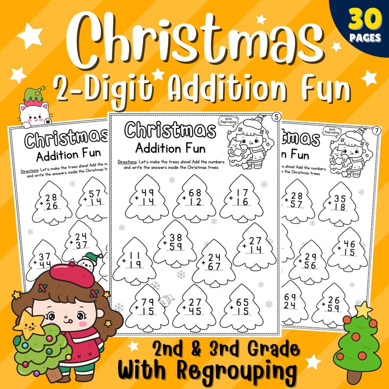 Christmas 2-digit Addition Worksheets With Regrouping | Printable ...