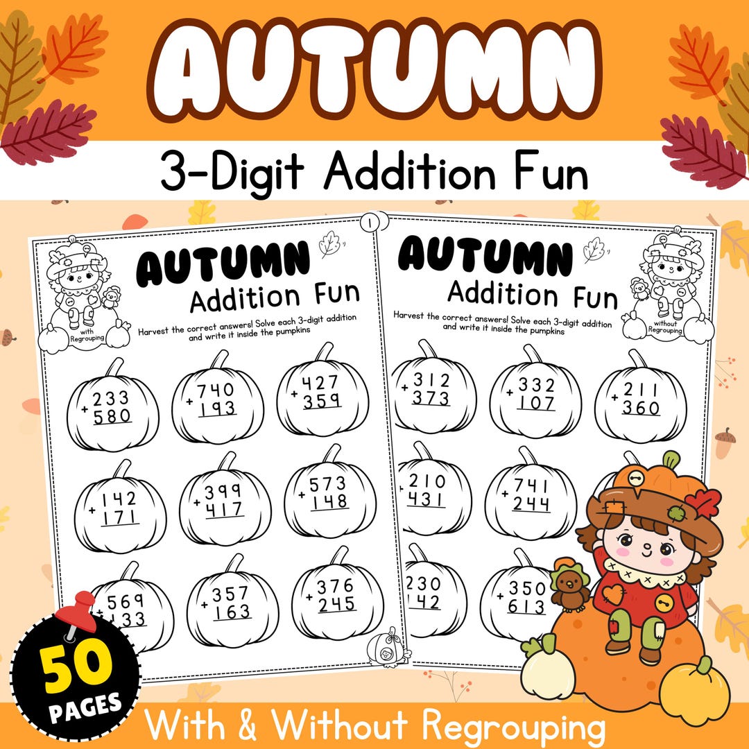 Fall 3-digit Addition Worksheets | 2nd-3rd Grade Math (PDF Download) - Etsy