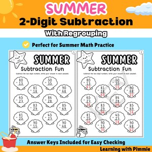 Summer 2-digit Subtraction Worksheets | With & Without Regrouping ...
