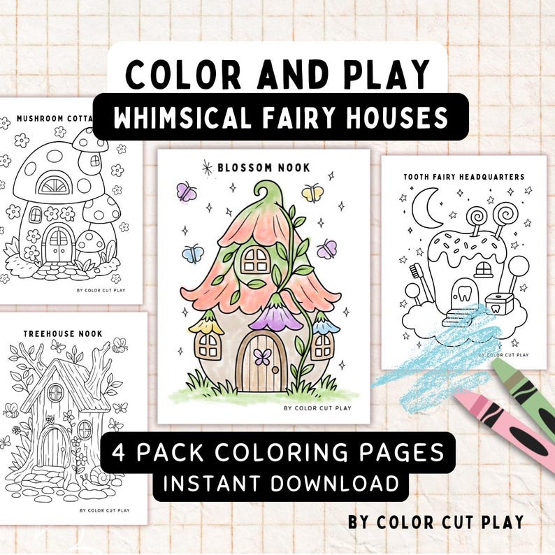 Fairy House Coloring Pages – 4 Printable Fairy Homes for Kids, Tooth ...