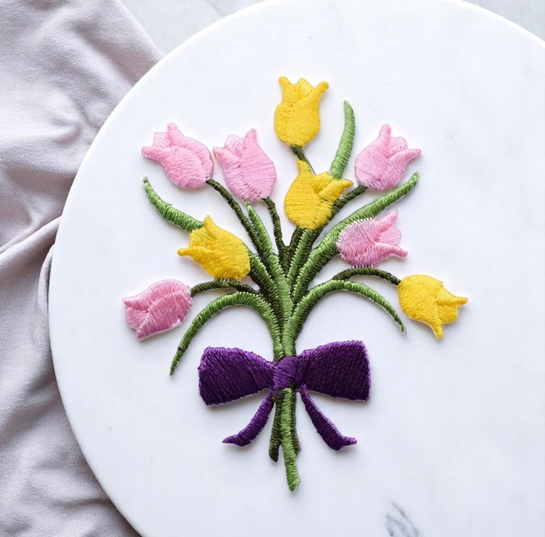 Tulip Flower Bouquet Embroidered Patch – Pink and Yellow Iron-on Patch ...