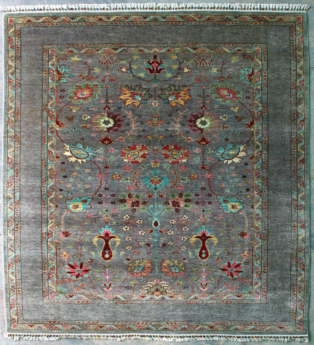 6x8 Grey Border Area Rug - Handmade Afghan Wool Rug- Living Room Rug ...