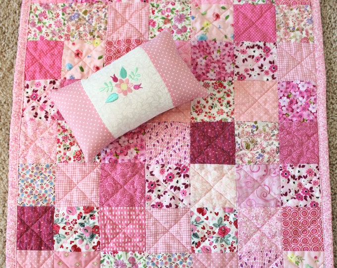 PINK Handmade Doll Quilt for Sale, Pink Patchwork Quilt, Fits American ...