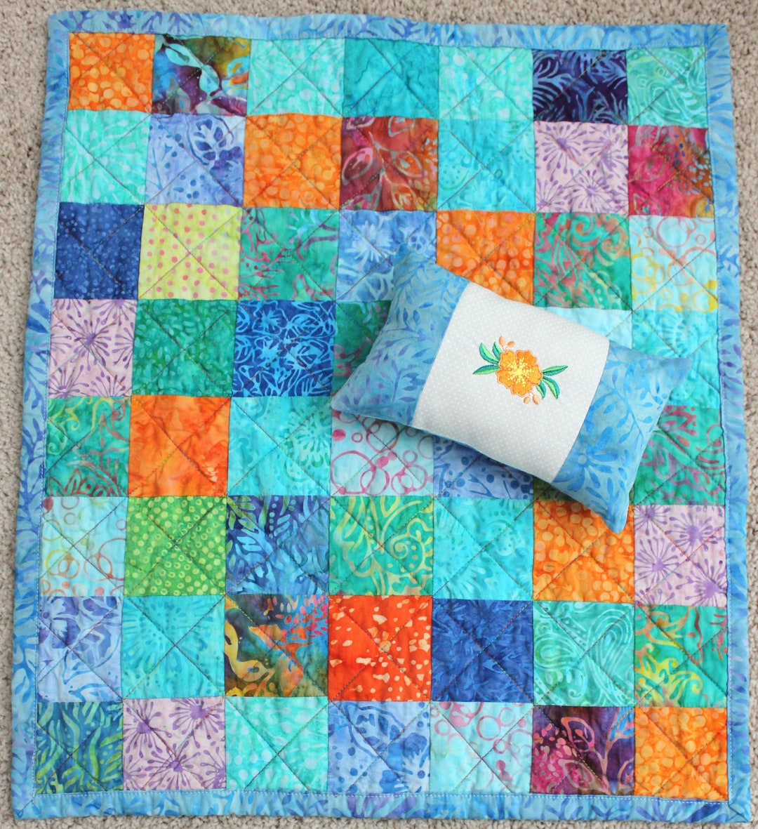BATIK Handmade Doll Quilt and Pillow for Sale, American Girl Size Doll ...