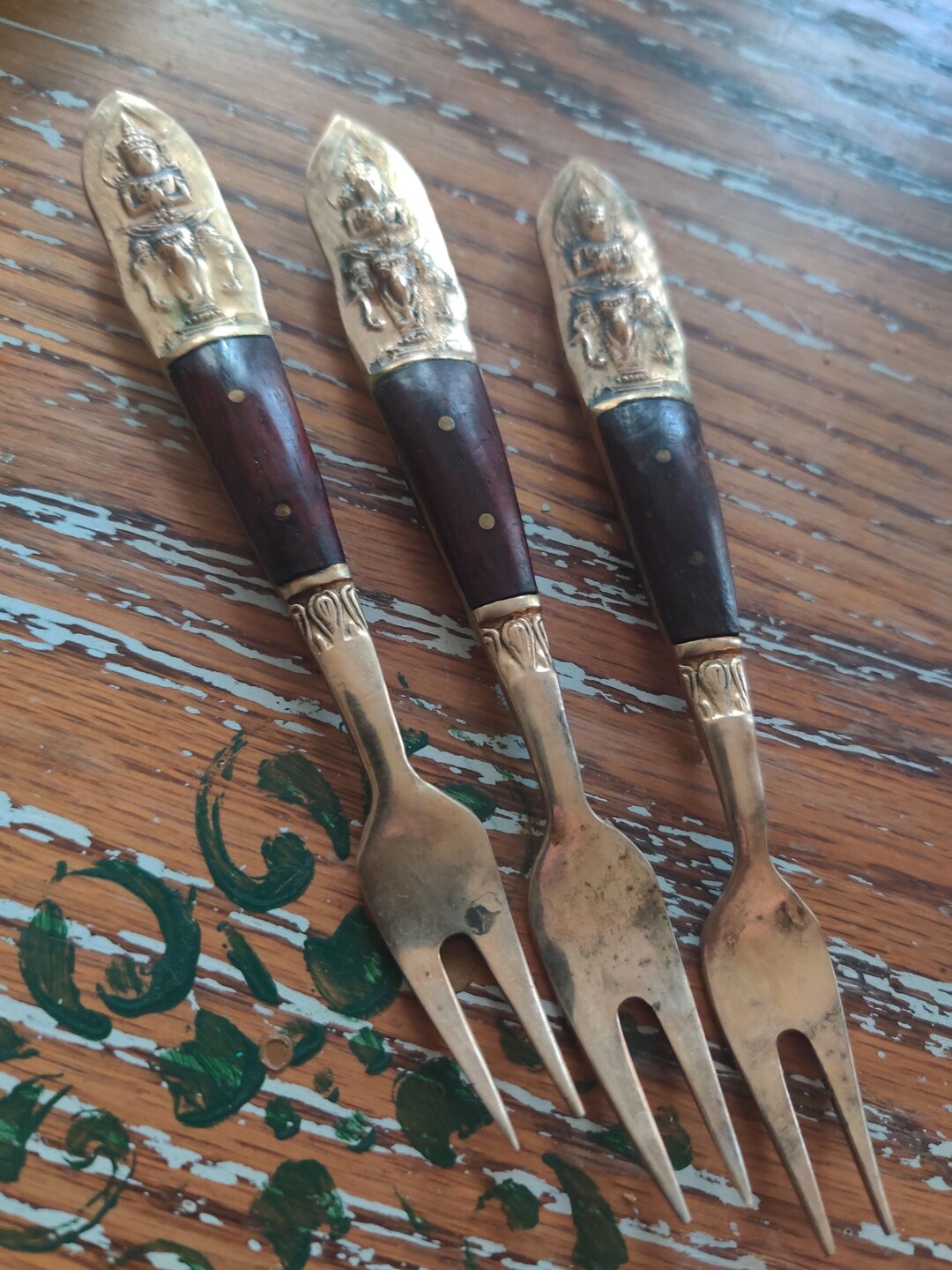 Vintage Heavy Bronzeware 3 Piece Thailand Cocktail Forks Flatware ...