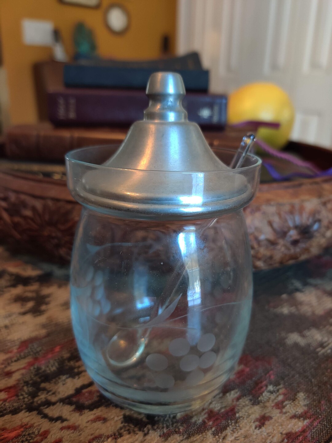 Vintage Crystal Etched Pewter Glass Vines Grapes Fruit Jam Jelly Sugar ...