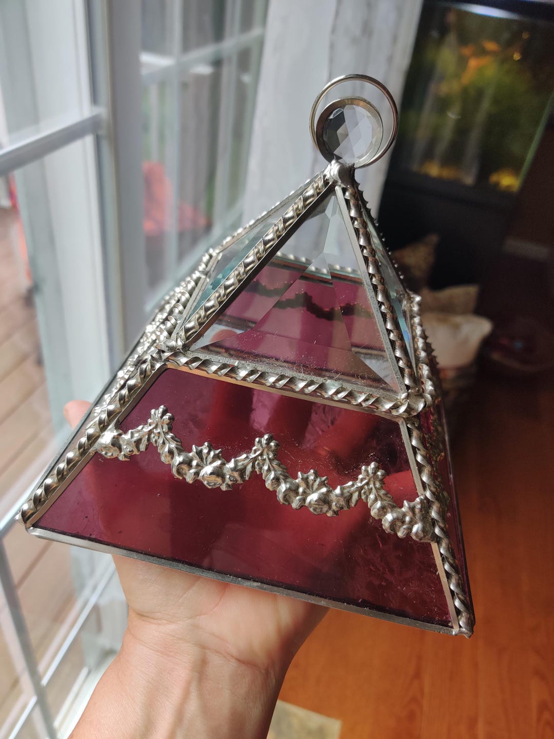 Ornate Stained Glass Pewter Vintage Pyramid Crystal Jewelry Box Purple ...