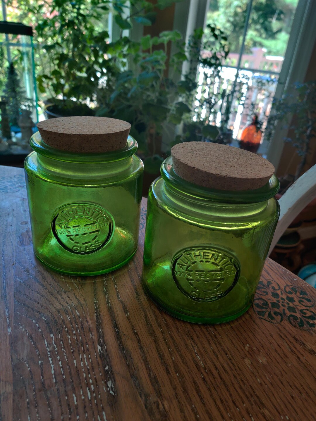 Set of 2 Vintage Lime Green Corked Glass Decanter Jars Authentic ...
