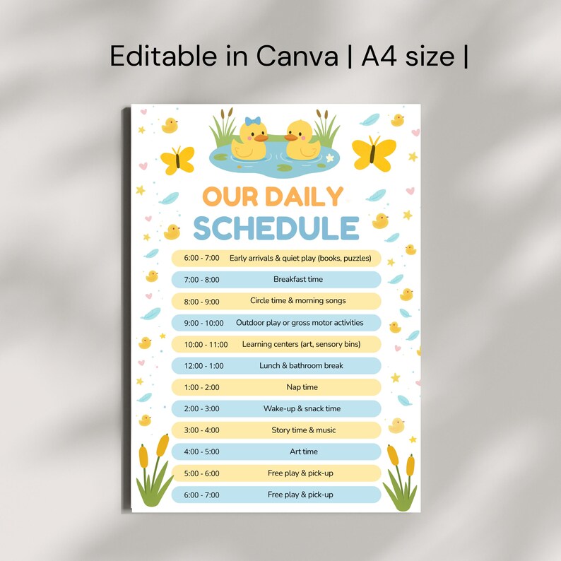 Duck Daily Schedule Template Editable Canva Kids Routine Chart ...