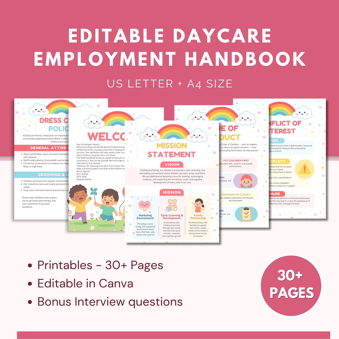 Daycare Employee Handbook Template Editable Canva Childcare Staff ...