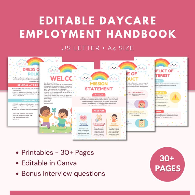 Daycare Employee Handbook Template Editable Canva Childcare Staff ...