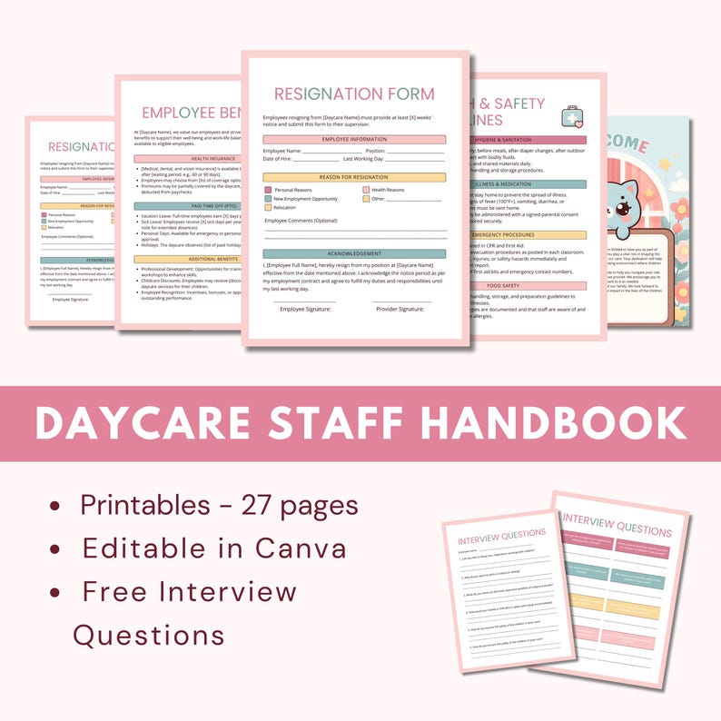 Daycare Employee Handbook Template Editable Canva Preschool Staff ...
