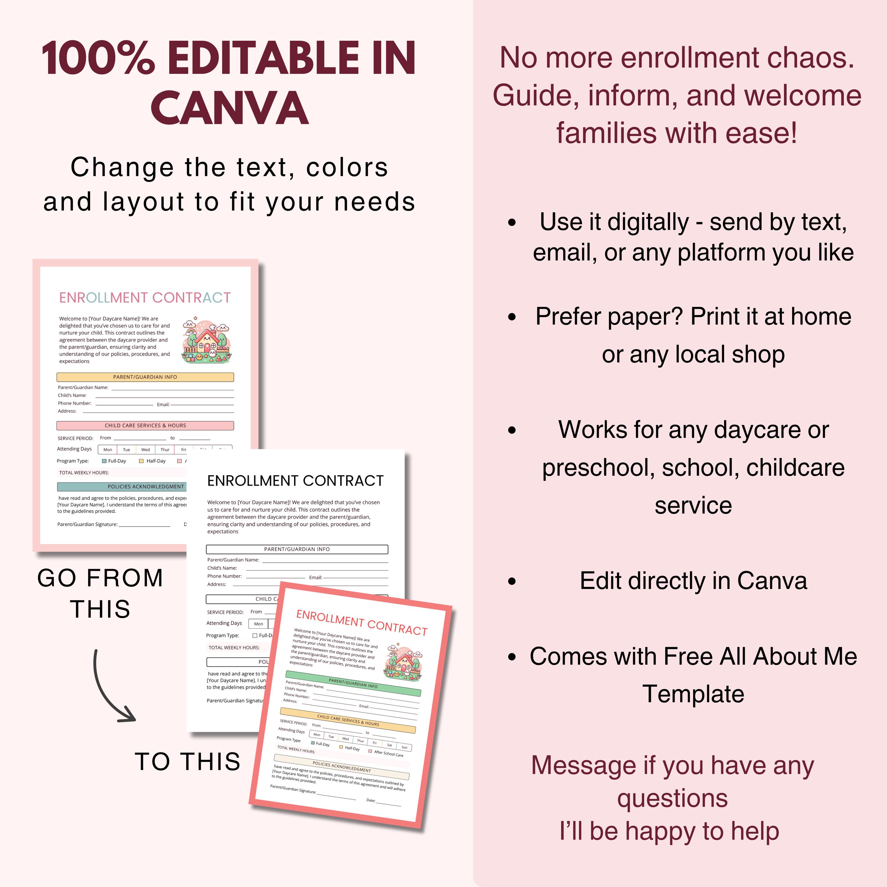 Daycare Enrollment Form Template Editable Canva Childcare Contract ...