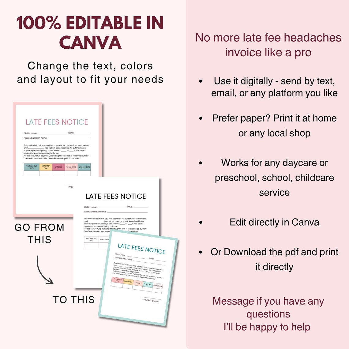 Late Fees Notice Template Editable Canva Form Daycare Preschool ...