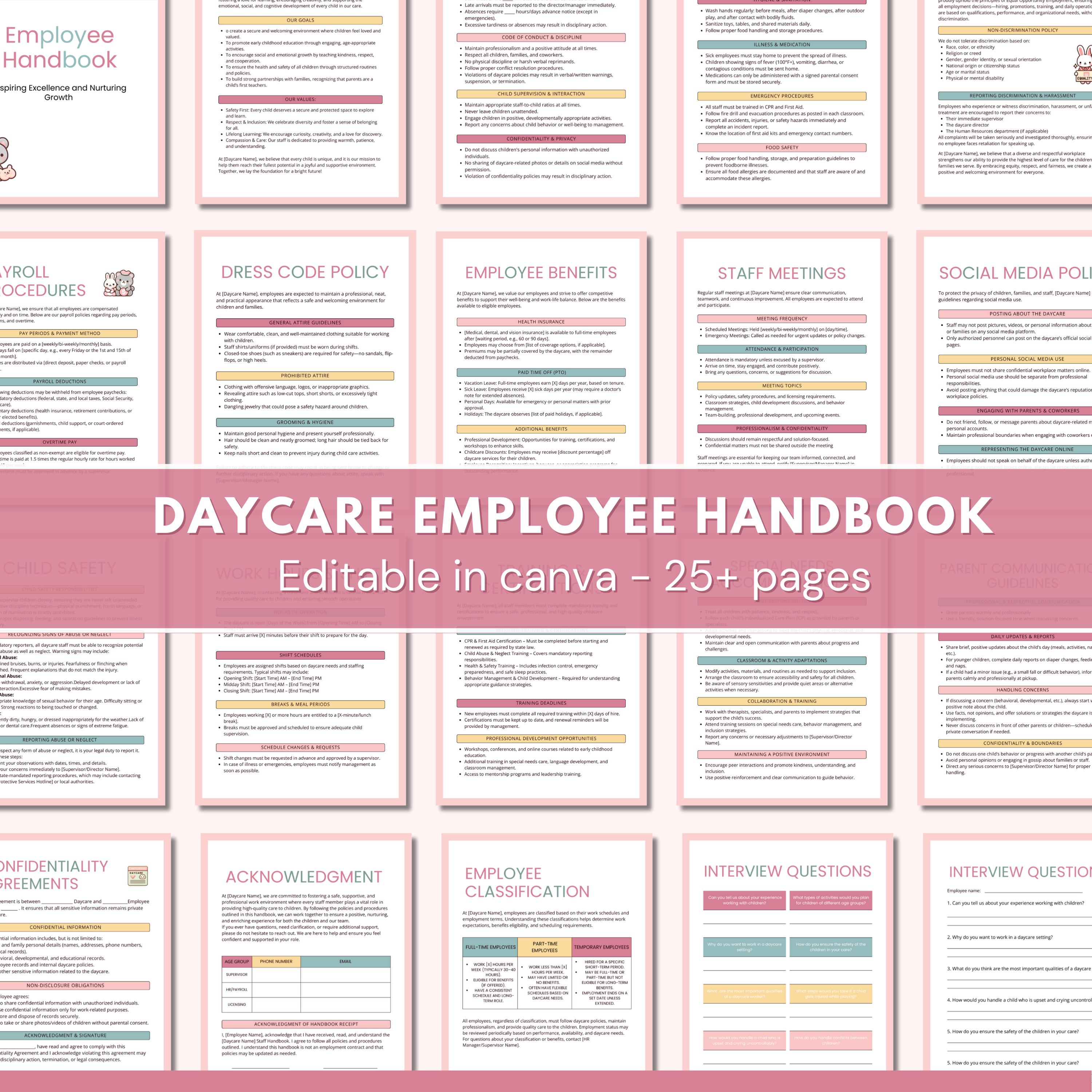 Daycare Employee Handbook Template Editable Canva Preschool Staff ...