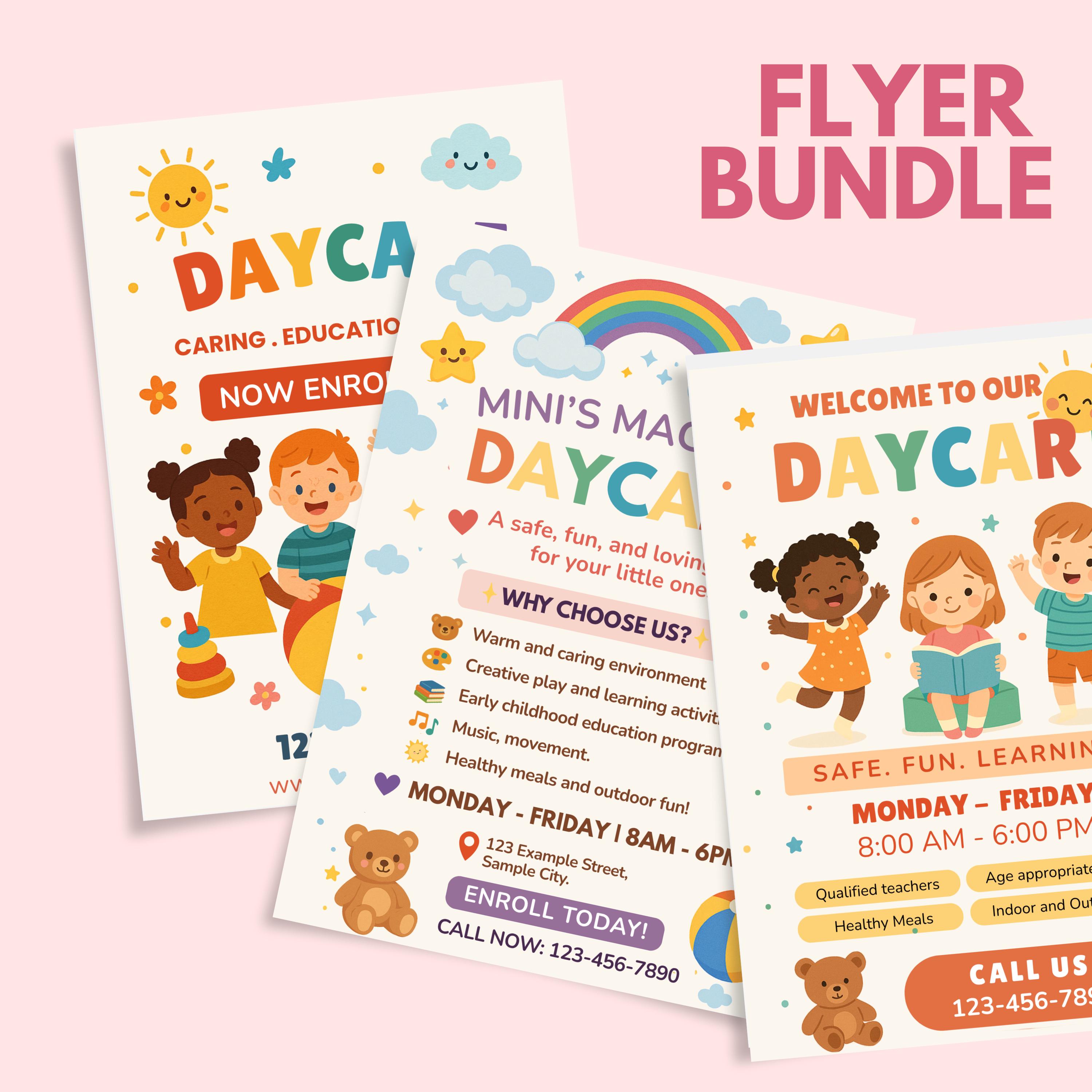 Colorful Daycare Flyer Bundle Editable Canva Template Preschool ...