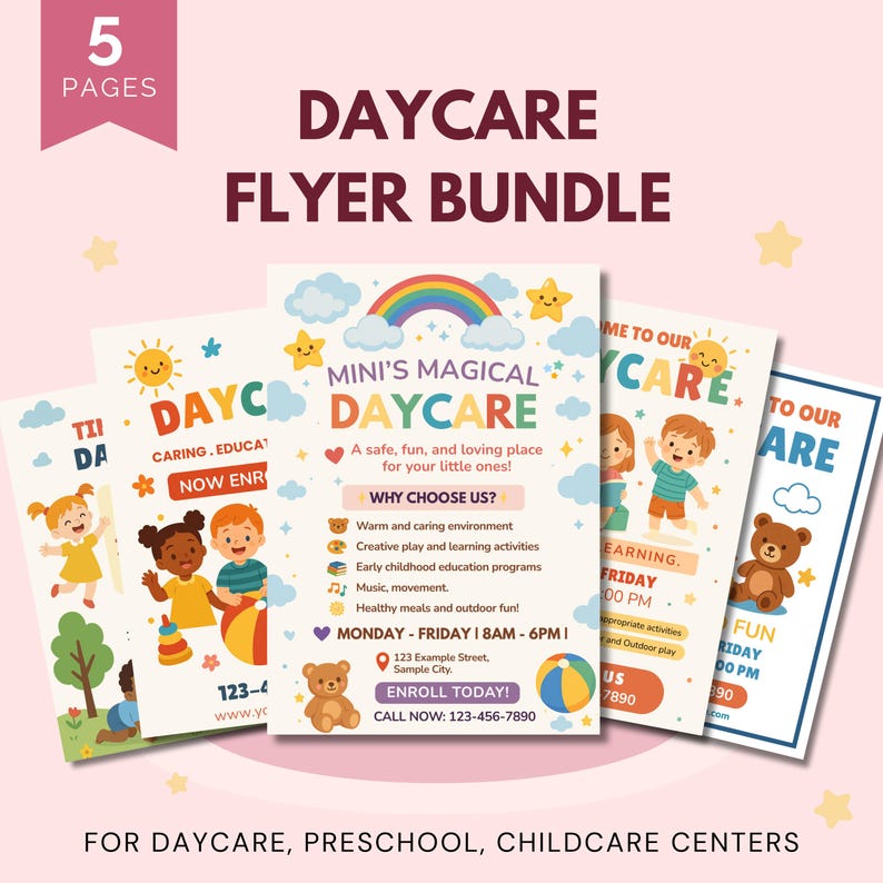 Colorful Daycare Flyer Bundle Editable Canva Template Preschool ...